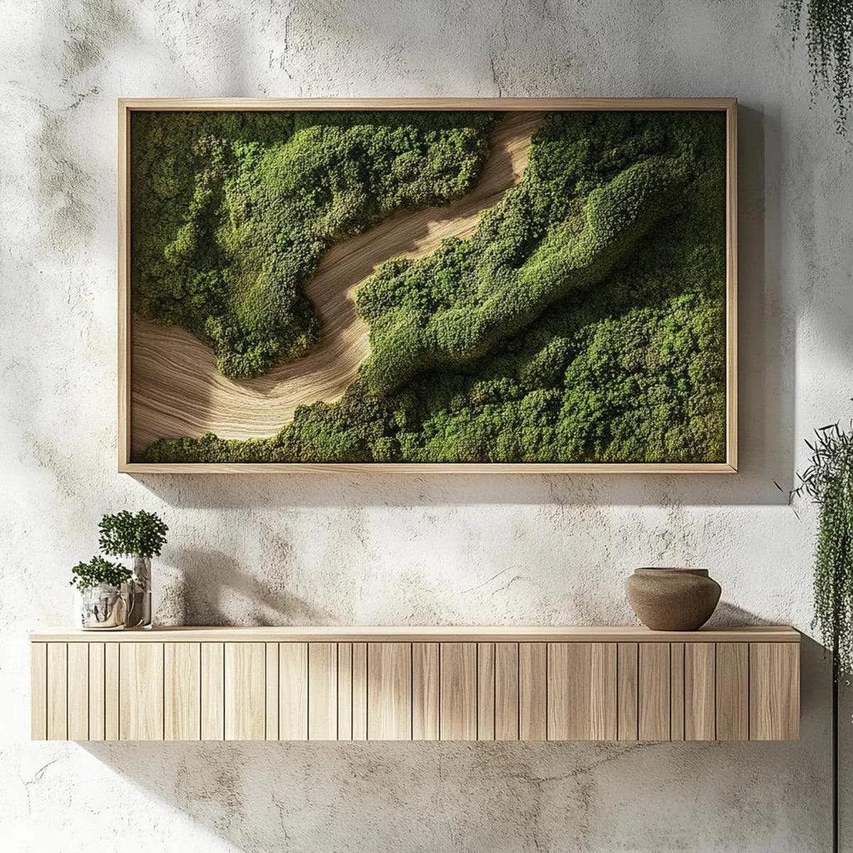 Handmade Moss Wall Art – Preserved Light Moss with Natural Wood Accent